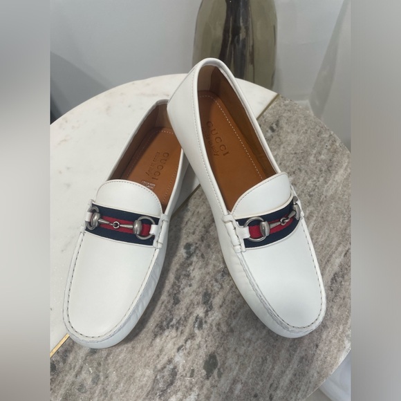 Gucci | Shoes | Gucci Drivers White With Redblue Detail With Silver ...